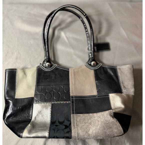 Coach | Bags | Coach Holiday Patchwork Tote Bag Black Metallic Leather ...